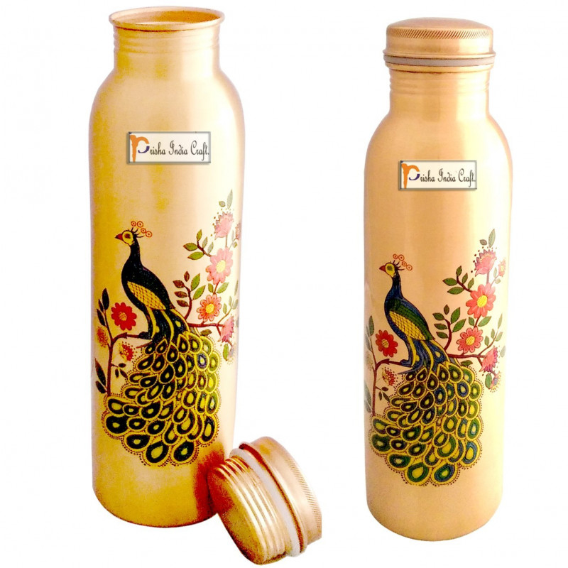 Prisha India Craft Peacock Design Copper Water Bottle, 1000 ML, Set of 2