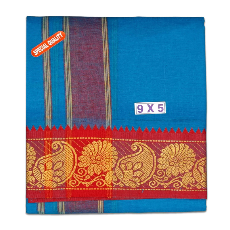 Jaquad Fancy Border Blue Color Dhoti 4 Inch Border 9X5
