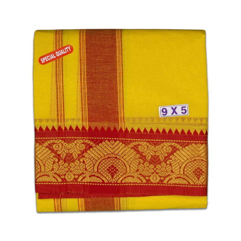 Jaquad Fancy Border Yellow Color Dhoti 4 Inch Border 9X5