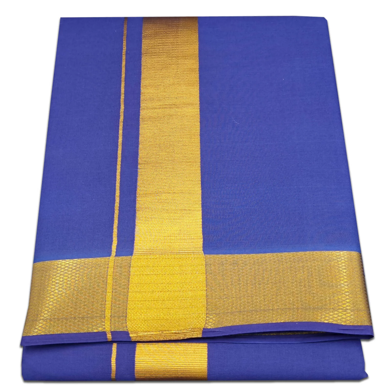 Cotton Blue Color Dhoti with Golden Jari Border 9X5