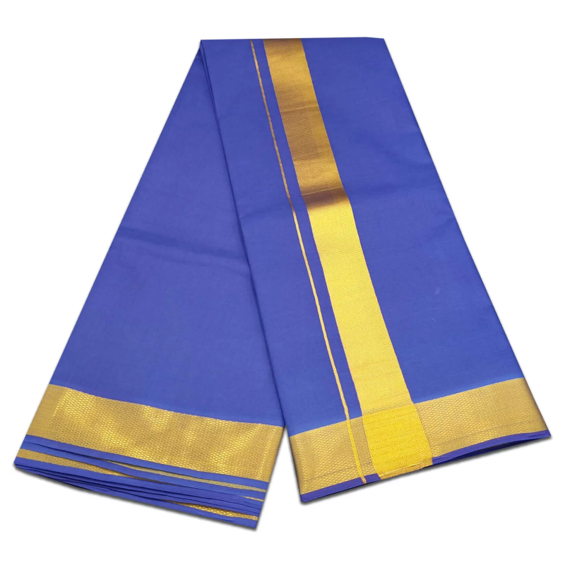 Cotton Blue Color Dhoti with Golden Jari Border 9X5