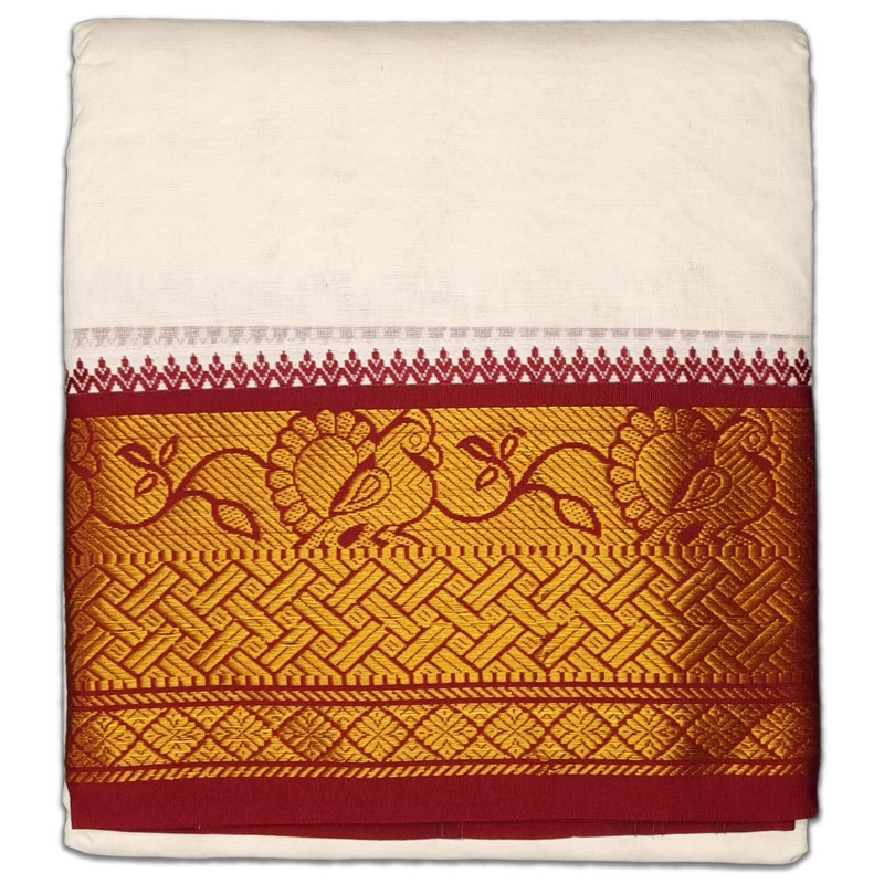 Cotton Off White Dhoti 7 Inch Jaquad Border Dhoti 10X6 Maroon and Sky Blue