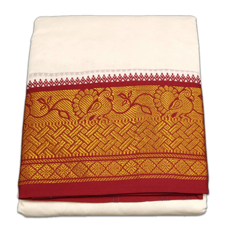 Cotton Off White Dhoti 7 Inch Jaquad Border Dhoti 10X6 Maroon and Sky Blue