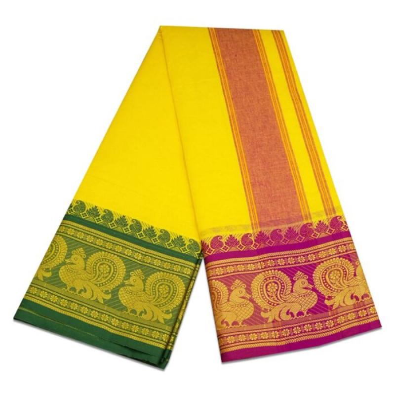 Jaquad Fancy Border Yellow Color Dhoties 7 Inch Border