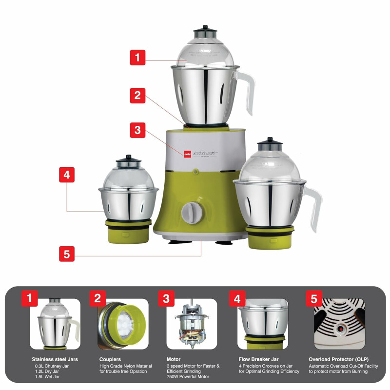 Cello Rio Plus Juicer Mixer Grinder 750-Watt with 3 Jars | 1.5 L ...